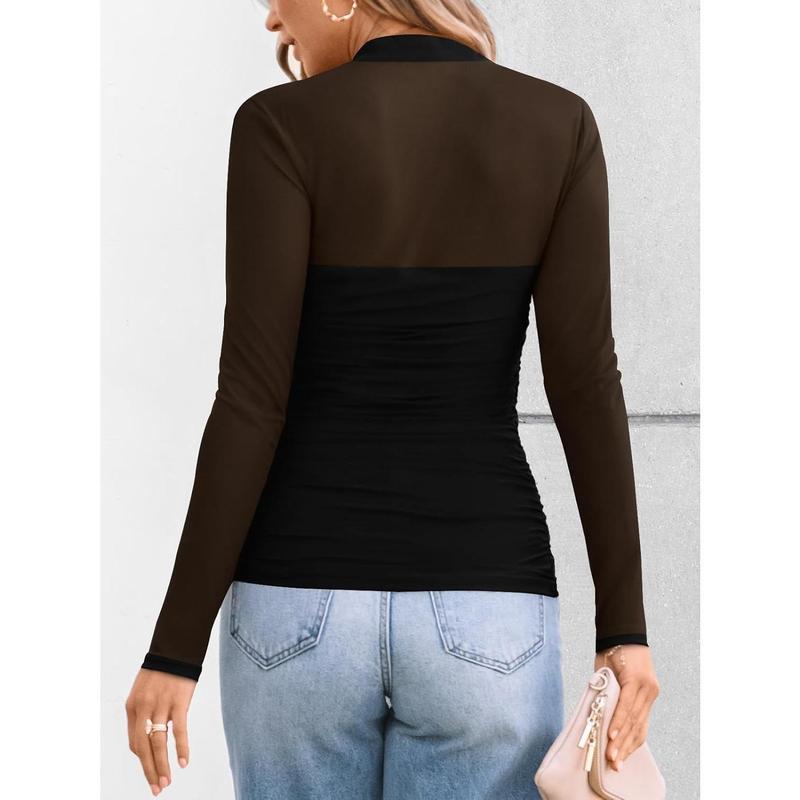 Womens Long Sleeve Mesh Tops Mock Neck See Through Lace Shirts Sheer ...