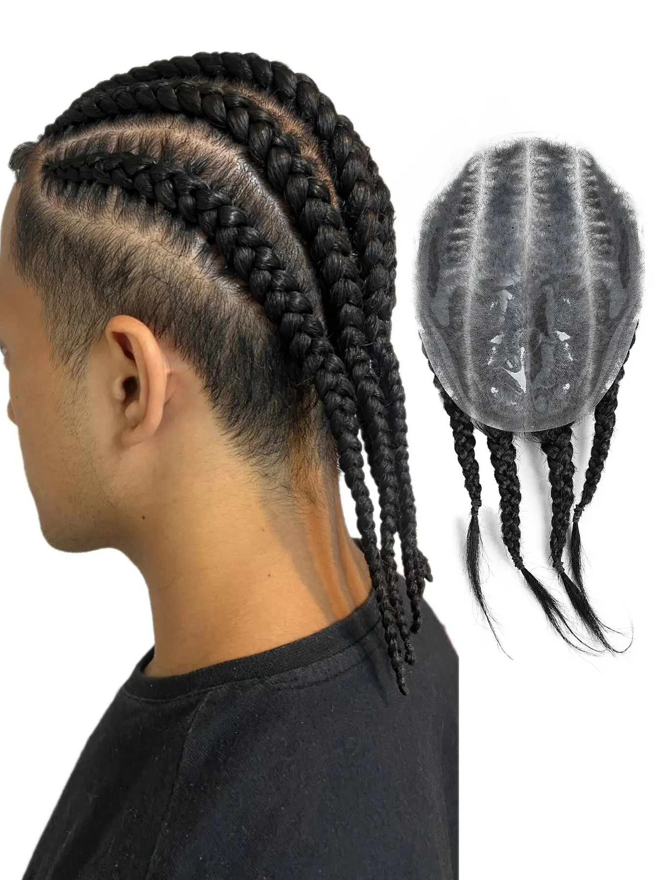 Natural Black Afro Braid & Curl Men's Toupee Full Poly Thin Skin PU ...