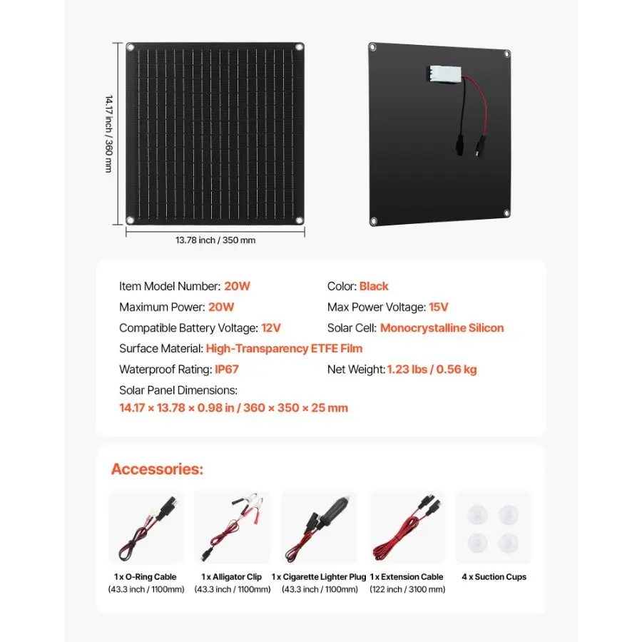 fathersdaygift VEVOR 20W 12V Solar Panel Battery Charger, Solar Battery ...