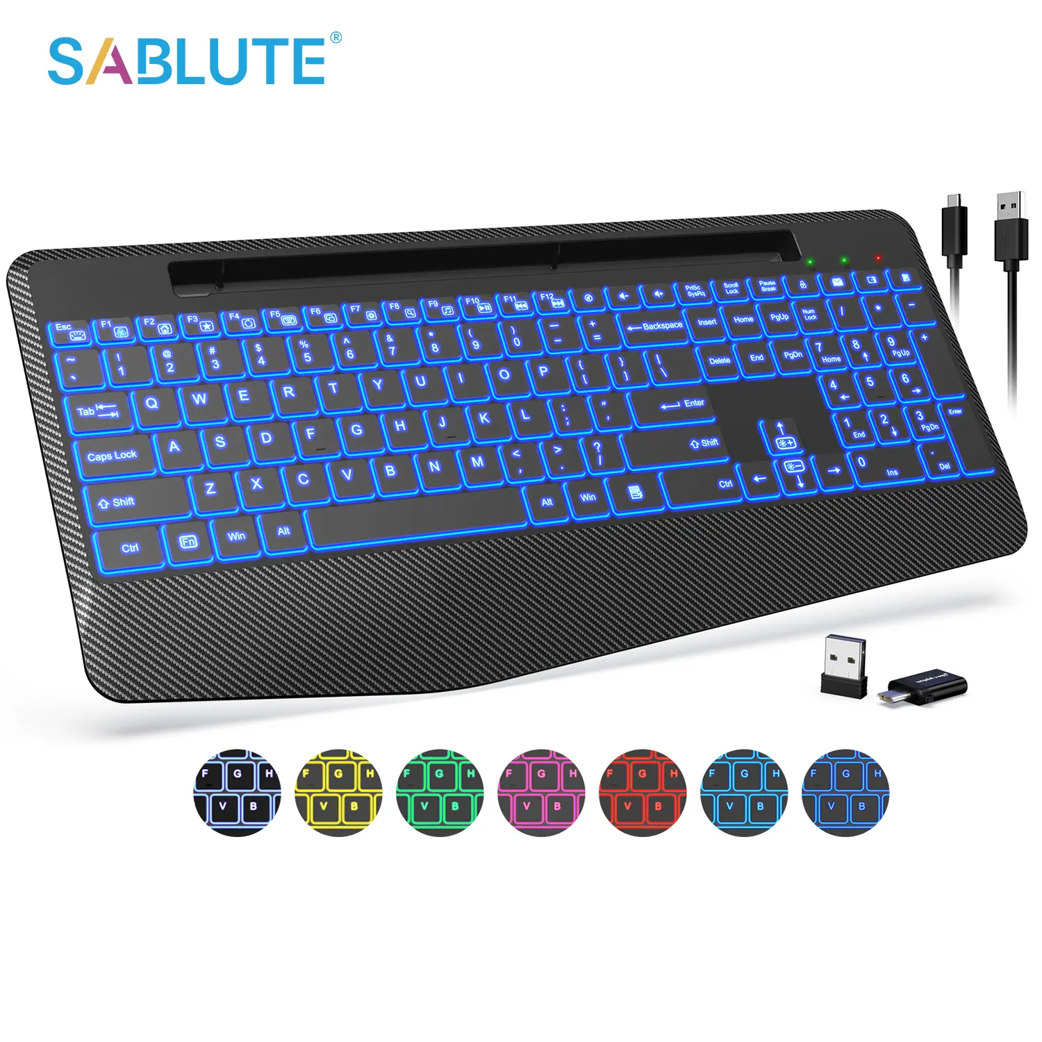 SABLUTE Wireless Keyboard with 7-Color Backlit Magic Ergonomic Wrist ...