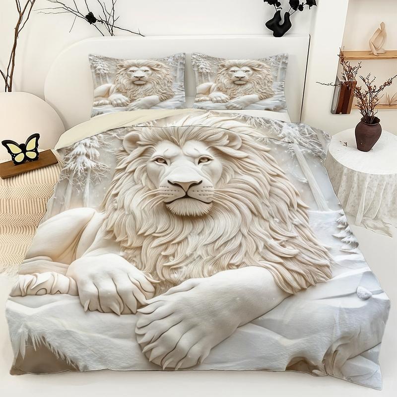 3-Piece White Relief Forest Lion Statue Printed Duvet Cover Set Bed Set ...