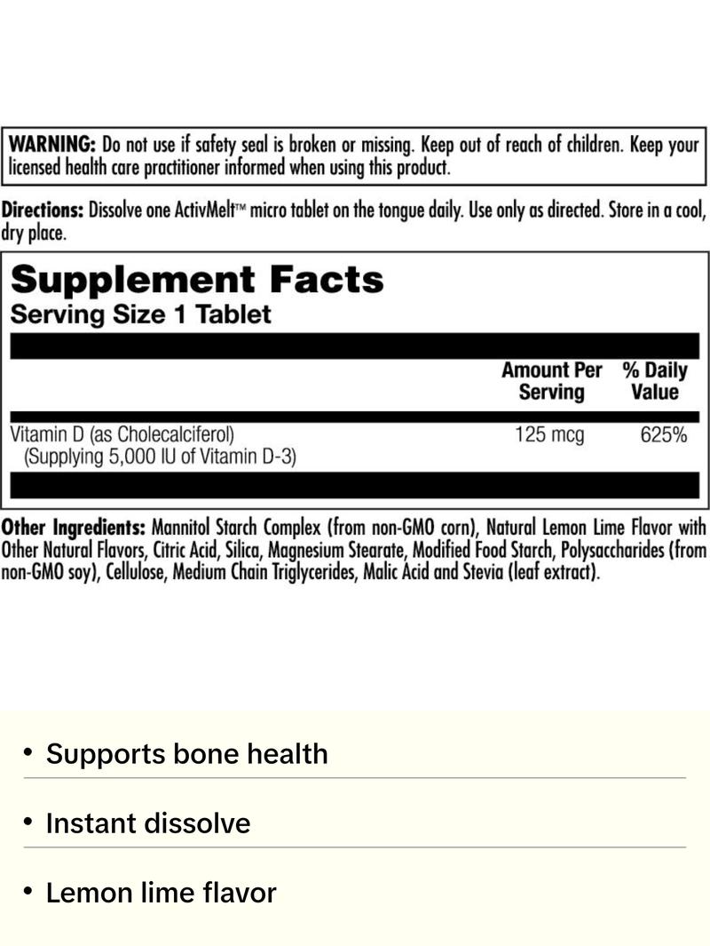 D-3 125 mcg (5000 IU) ActivMelt® Instant Dissolve Tablets Springtok ...