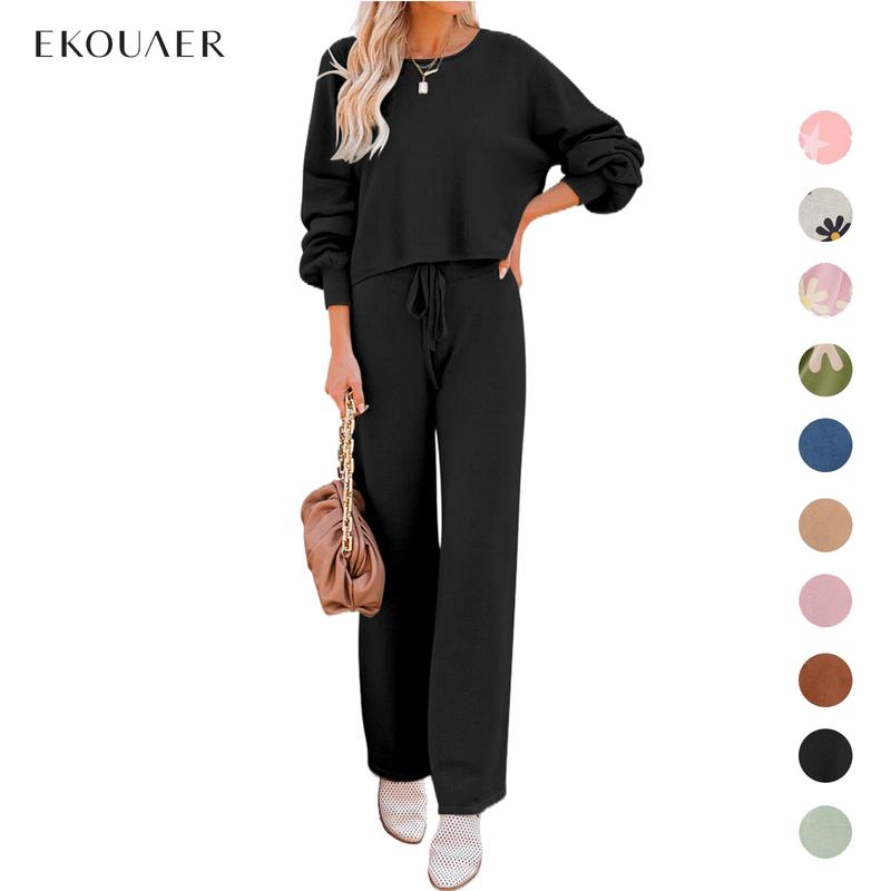 EKOUAER Knit Lounge Sets for Women 2 Piece Cozy Long Sleeve Pullover ...