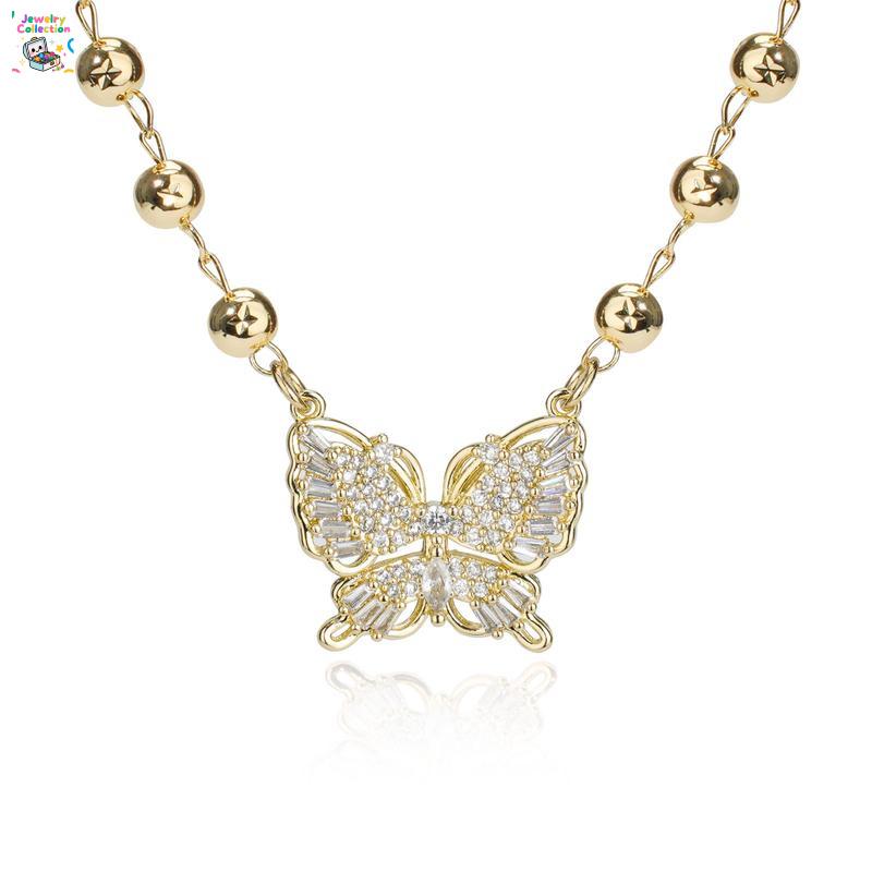 14K Gold Plated Butterfly Pendant Necklace for Women, Tri-Color Bead ...