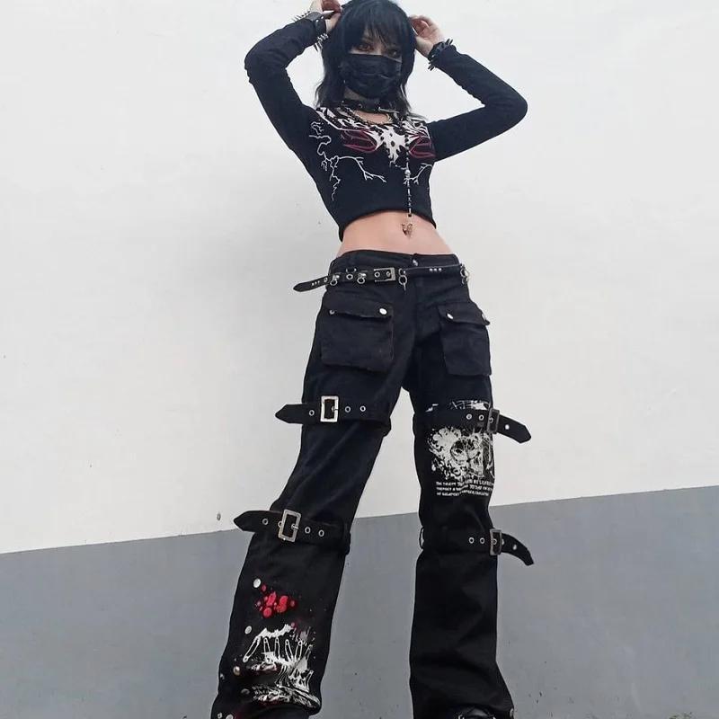 Gothic Black Cargo Pants Capri for Women - Y2K Grunge Style - TikTok Shop