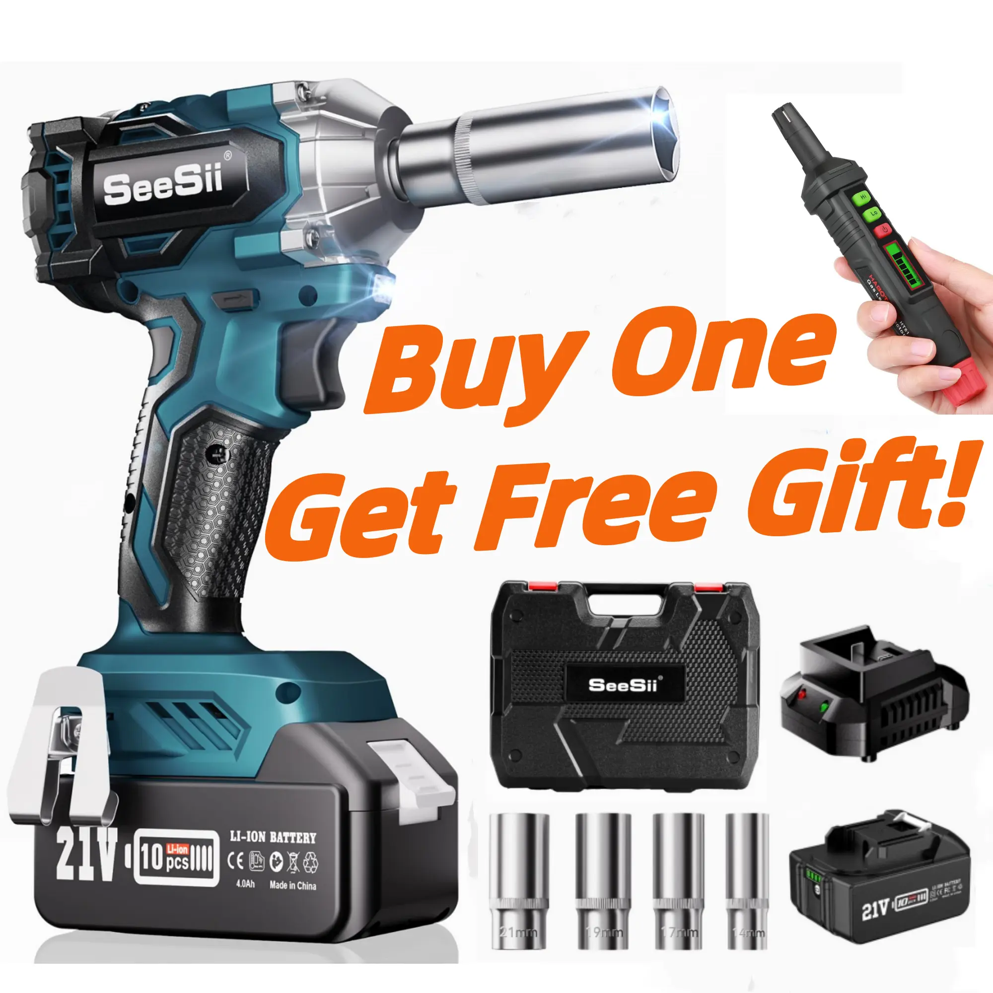 Seesii 3/8" Cordless Impact Wrench+One Free Gift, Power Impact Wrench ...