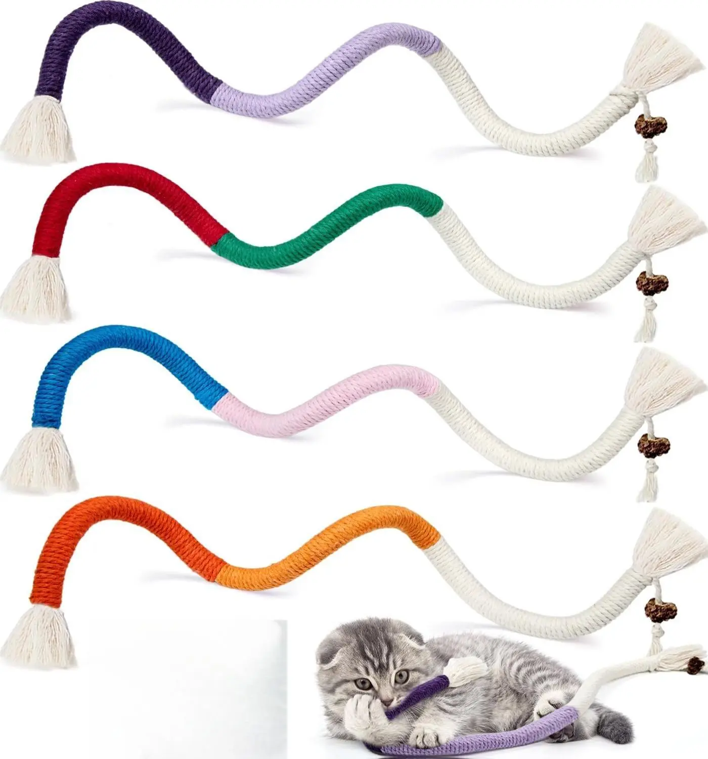 Cat Chew Ropes 4Pcs, Cat Toys for Indoor Cats with Refillable Natural ...