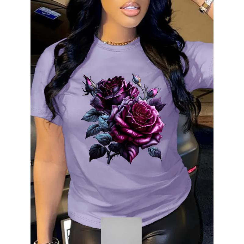CHEN Women'S Floral Rose Print T-Shirt, Casual Crew Neck Short Sleeve ...