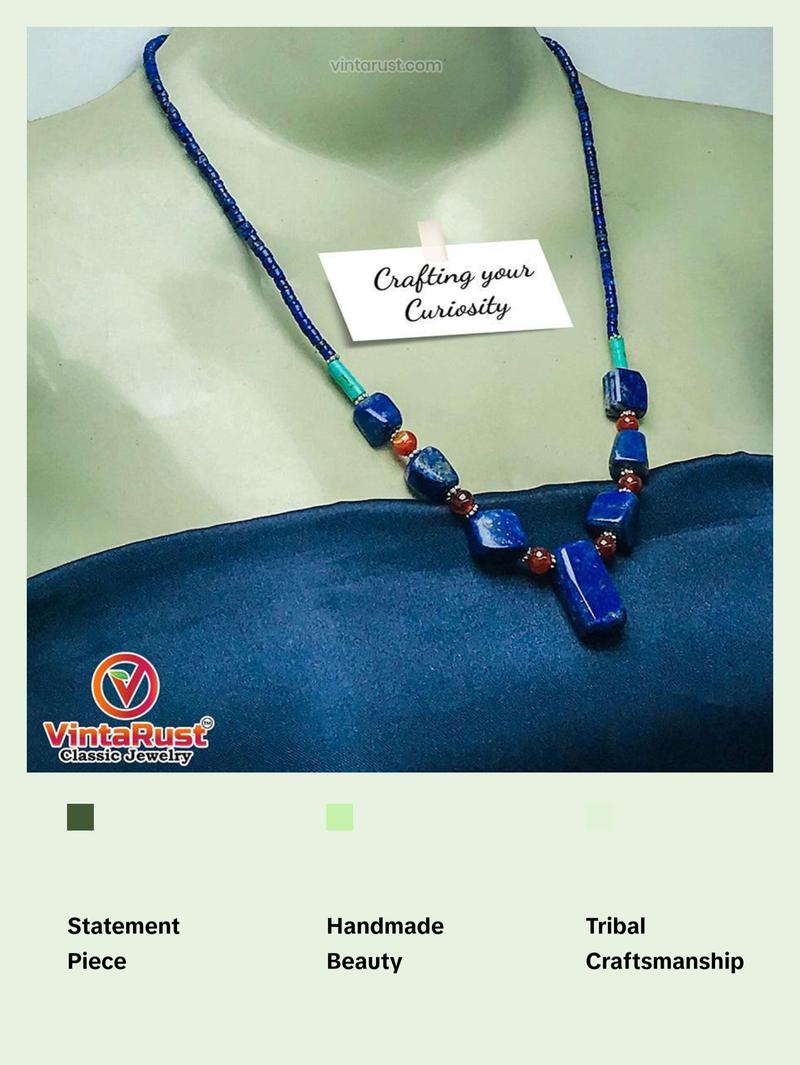 Lapis Lazuli Stone Necklace With Beaded Chain - TikTok Shop
