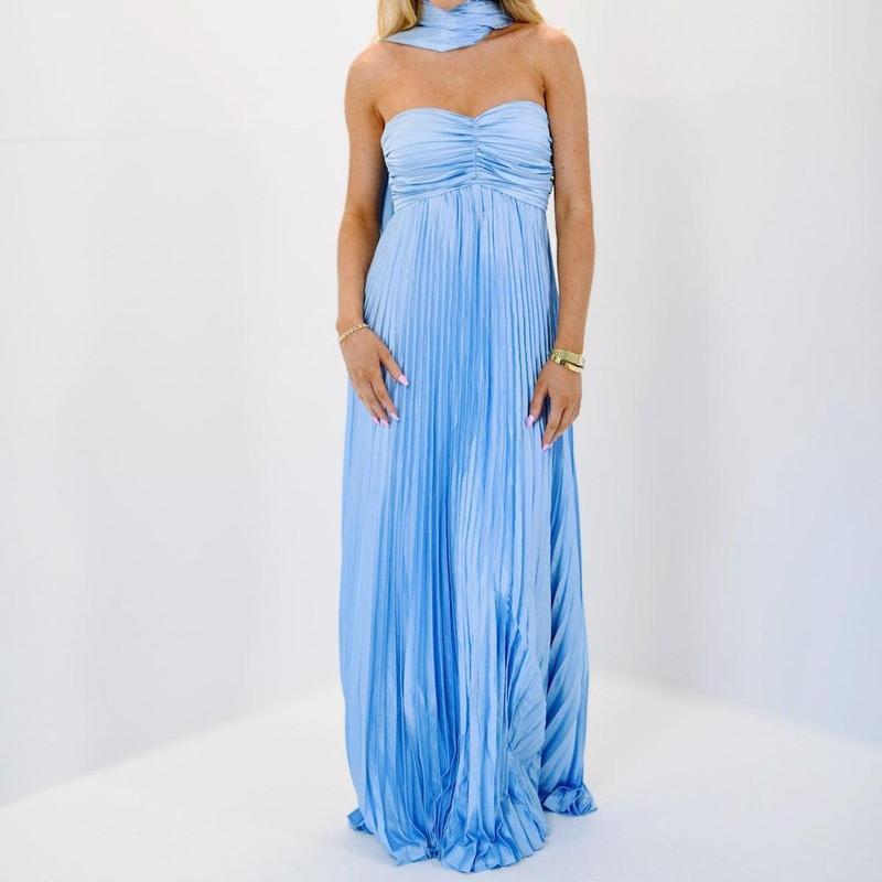 Women Long Dress Solid Color Pleated Tube Dress Summer Fashion Backless ...