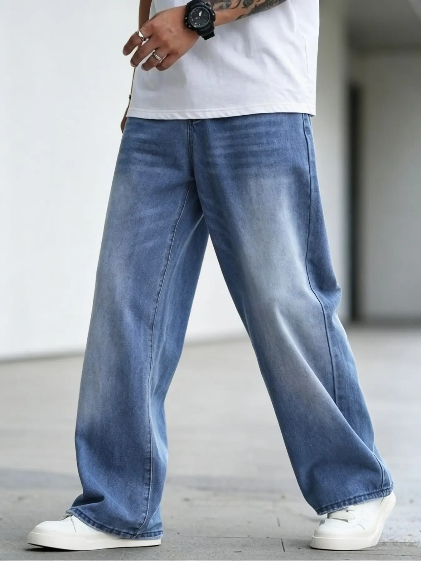 Men's Light Blue Washed Jeans, Loose Wide-Leg Fit, Minimalist Style ...
