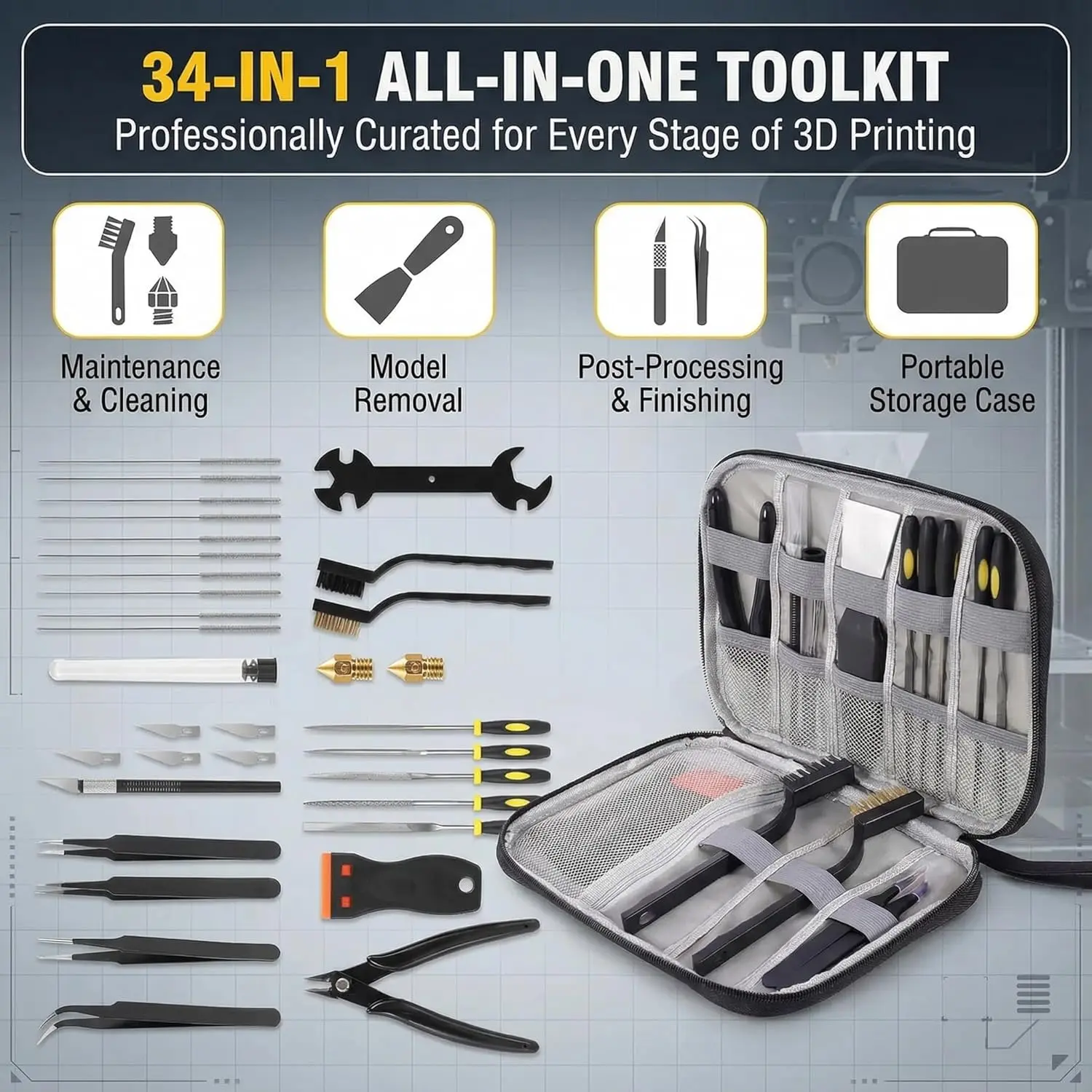 34 in 1 Printer Tools Kit Essential Accessories for FDM & SLA Printers ...
