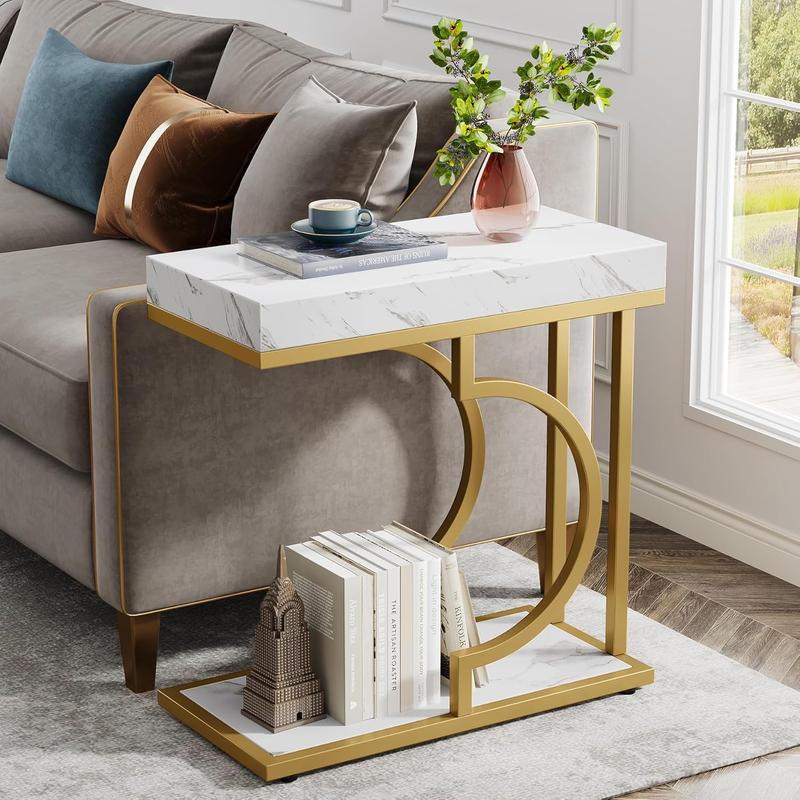 LITTLE TREE Narrow Side Table White Gold Side Table C Shaped End Table ...