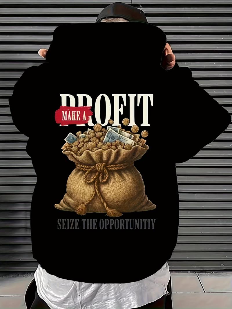Men's Motivational Money Profit Print Hoodie Fleece Lined Warm All ...