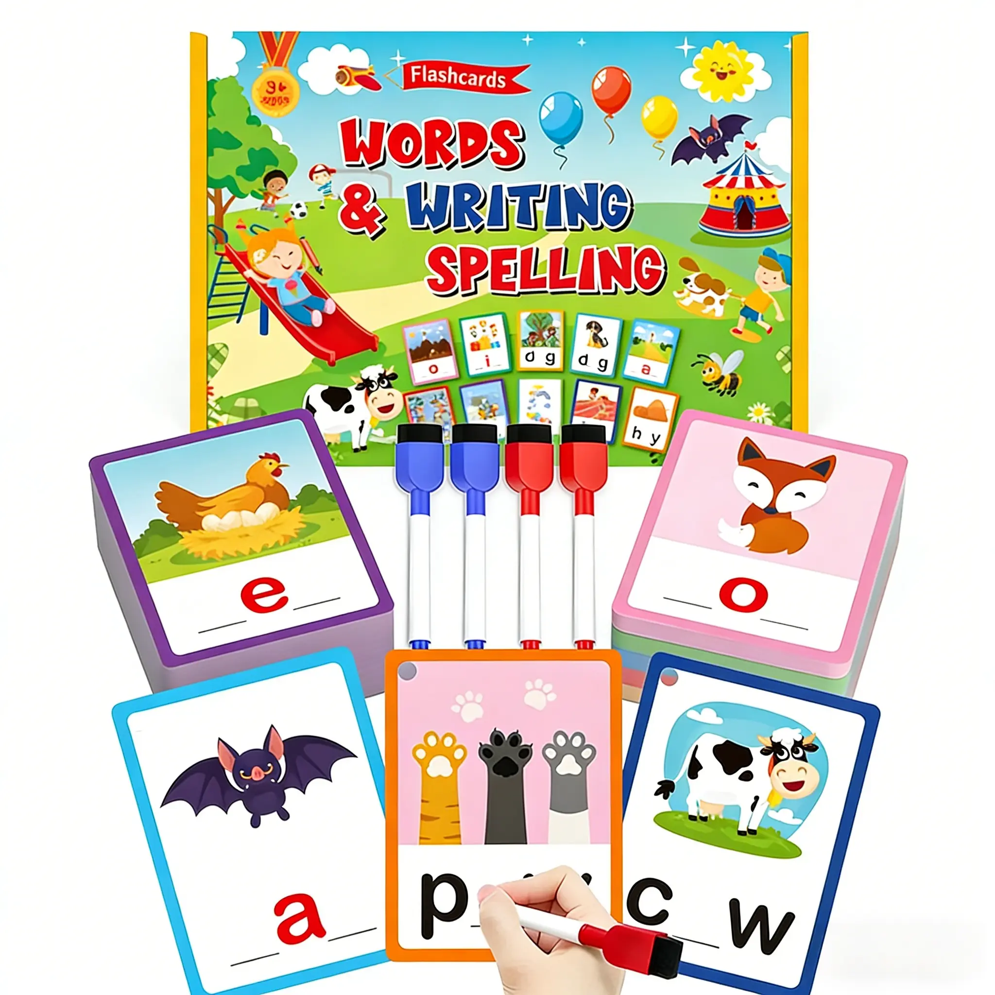 100Pcs CVC Words Spelling Flash Cards with Dry Erase Markers Phonics ...