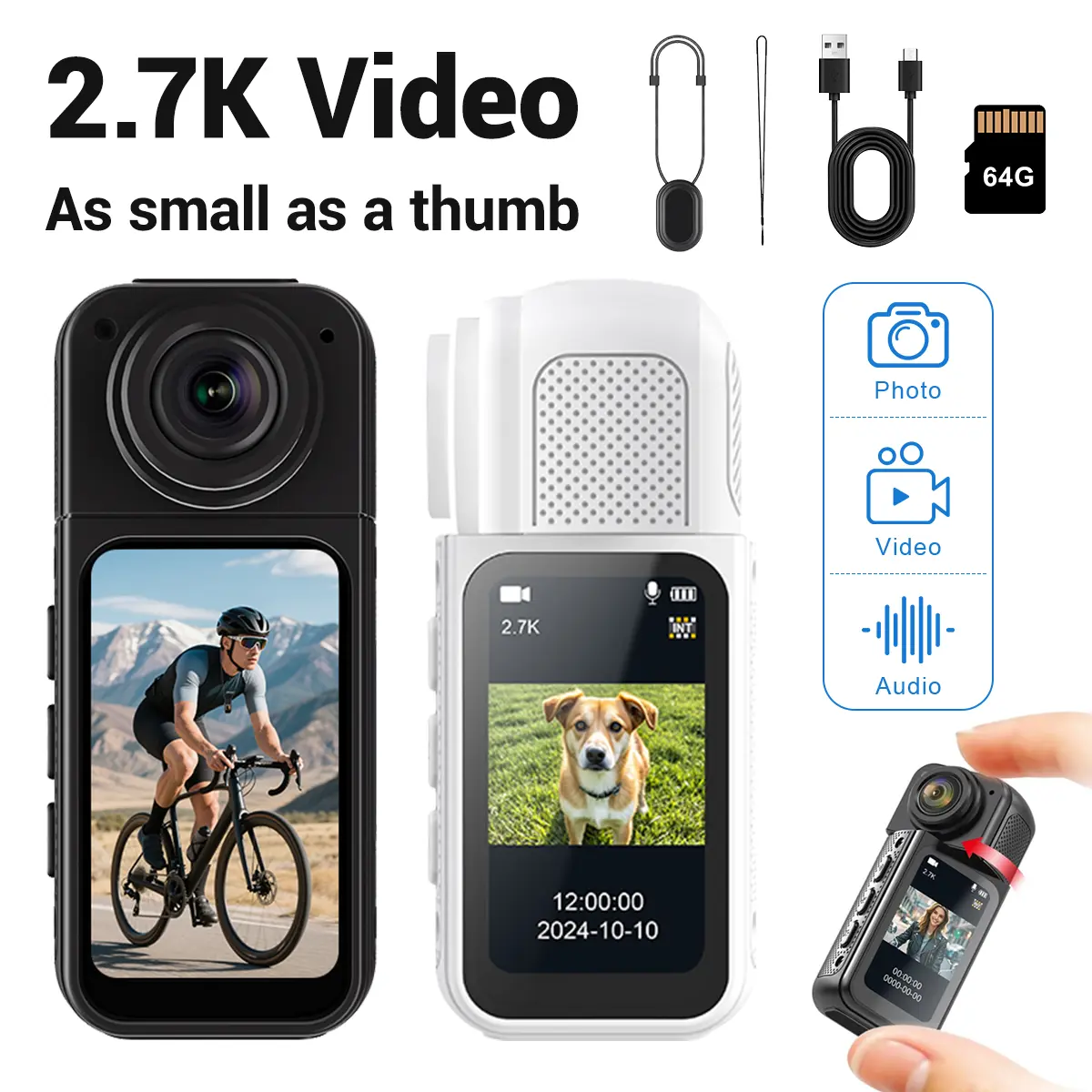Flycloud S 2.7K 3 in 1 Mini Thumb Action Camera with 180° Rotatable ...