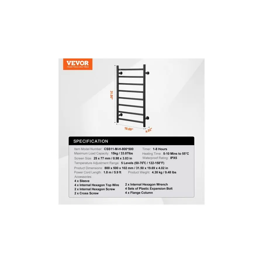 VEVOR 6 Bars Towel Warmer Rack, 120V Wall Mounted Heated Towel Rack for ...