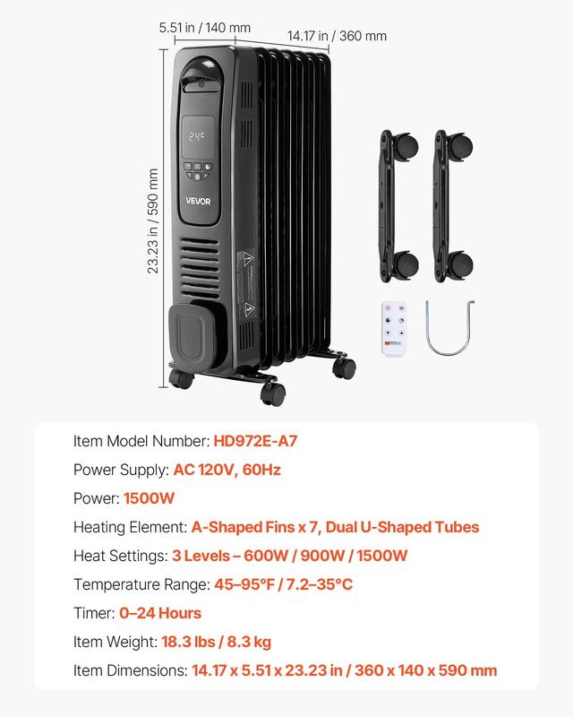 TikTokShopBlackFridayVEVOR Electric Oil Filled Radiator, 1500W Radiant ...
