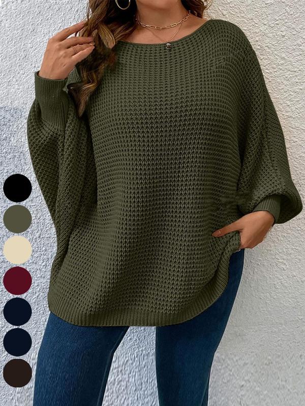 【Plus Size】 Solid Batwing Sleeve Boat Neck Sweater, Fall Outfits, Casual Long Sleeve Jumper for ...