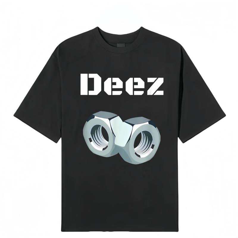 Black trendy T-shirt "Deez" with three-dimensional nut print ...