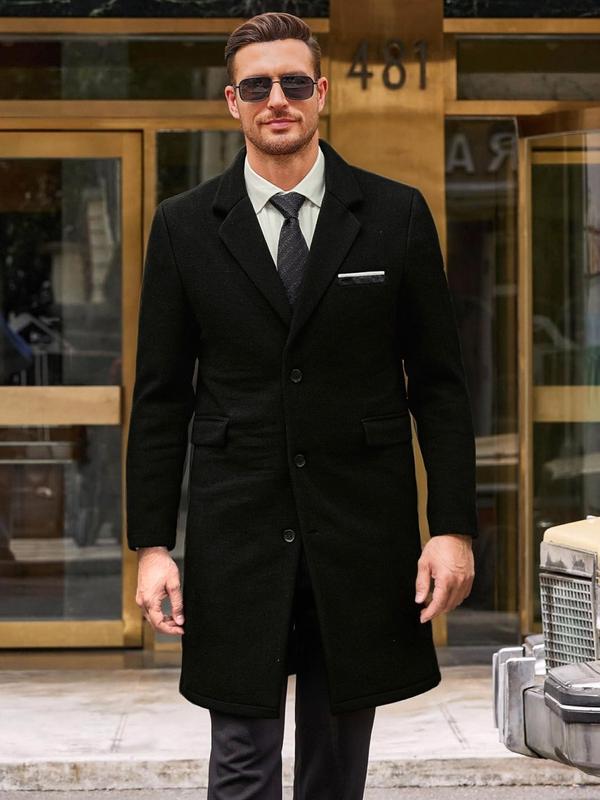 Men's Mid-Length Woolen Overcoat, Suit Collar Design, Button Placket ...