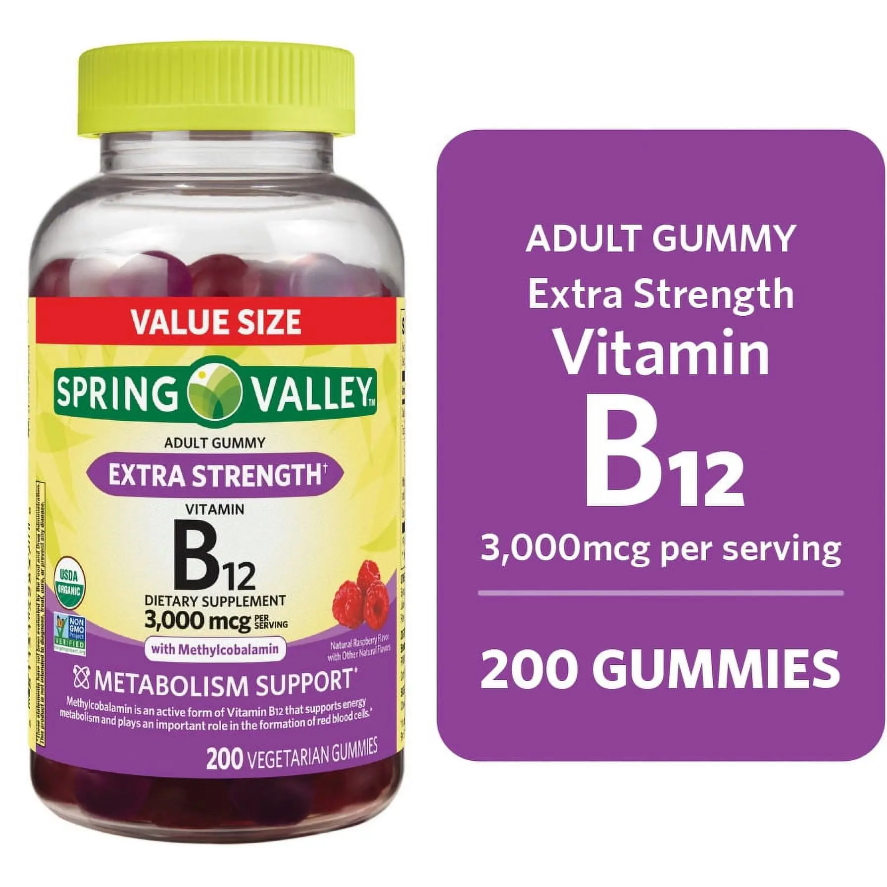 Spring Valley Extra Strength Vitamin B12 Gummies – 3000 mcg, Raspberry ...