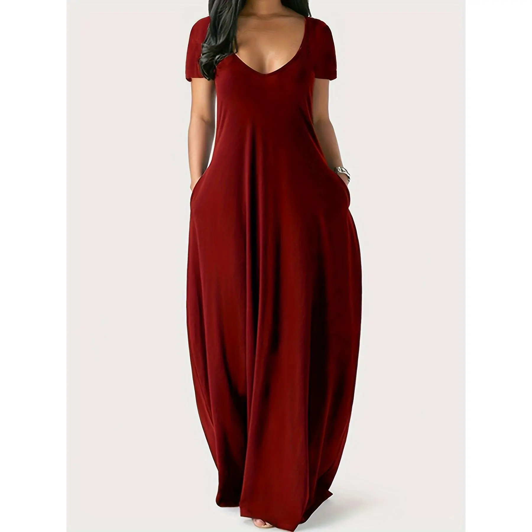 Solid Simple Dress - Casual Short Sleeve Maxi Dress With Pockets ...