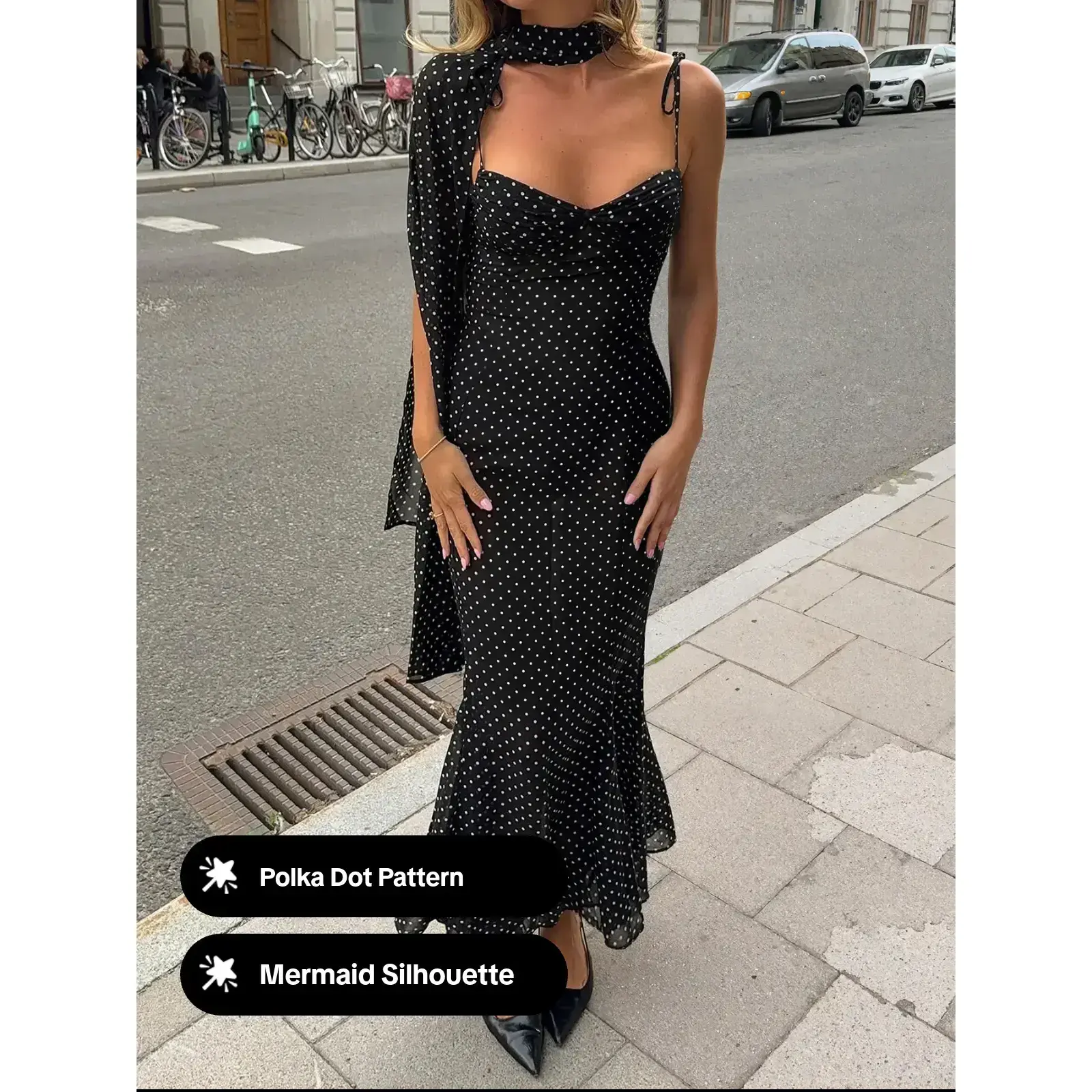 Elegant Polka Dot Square Neck Tie Waist Long Dress, French Style ...