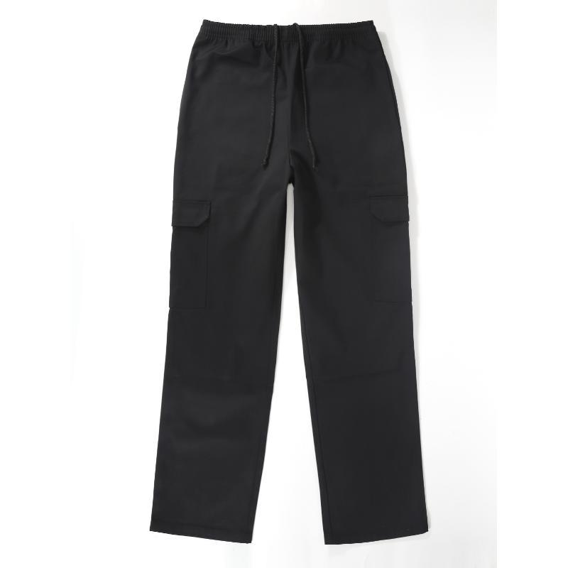 Men's Solid Cargo Chef Pants, Drawstring Long Trousers with Multi ...