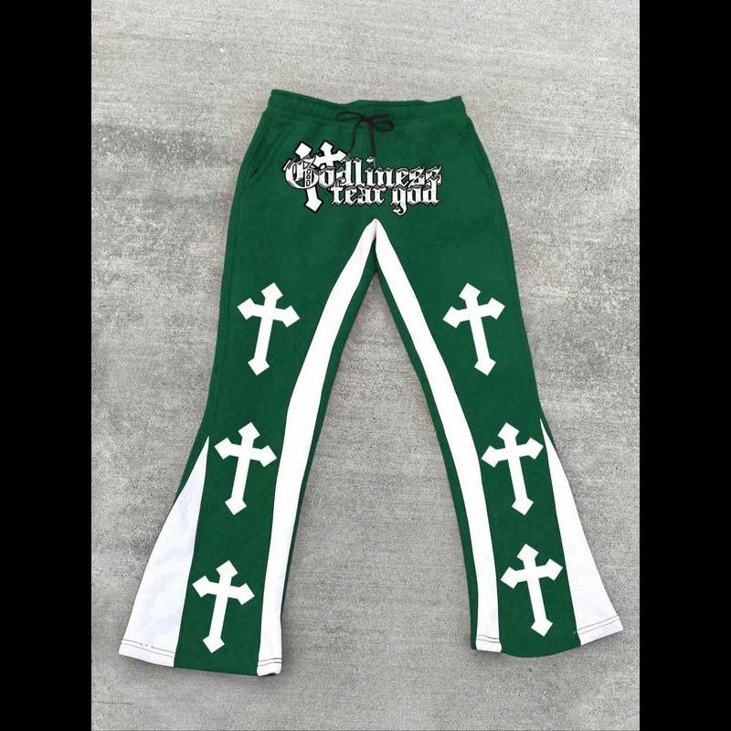 Men's Cross & Letter Print Drawstring Waist Flare Leg Sweatpants ...