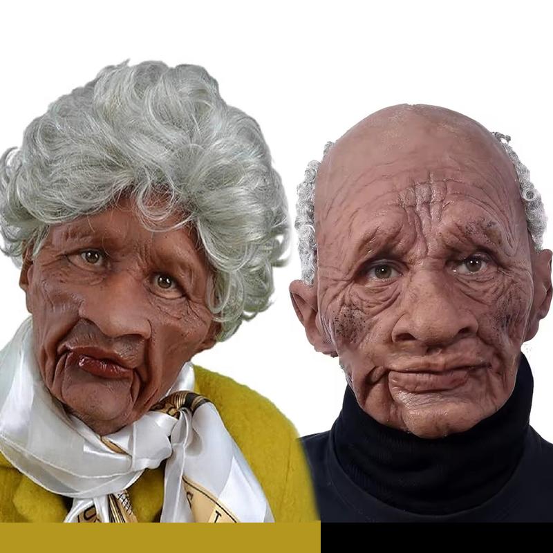Halloween Black Elderly Woman Man Mask Wrinkle Full Head Mask Grandpa ...