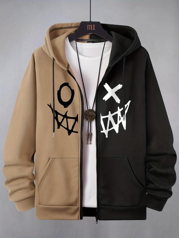 Men's Colorblock & Cartoon Face Print Zip Up Essentials Hoodie ...