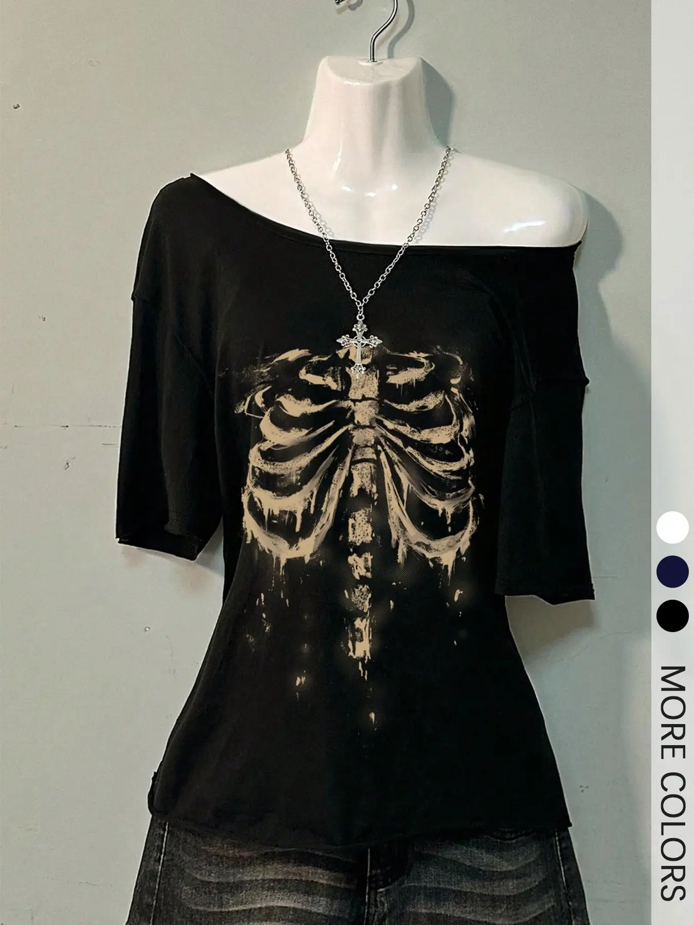 Women's Asymmetrical Neck Short Sleeve T-Shirt, Skeleton Print Off ...