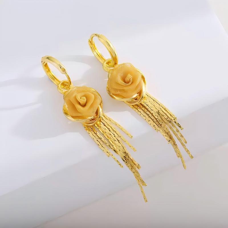 Rose Tassel Earrings 14K Gold Plated Long Drop Earrings French Style Floral Earrings Sparkling ...