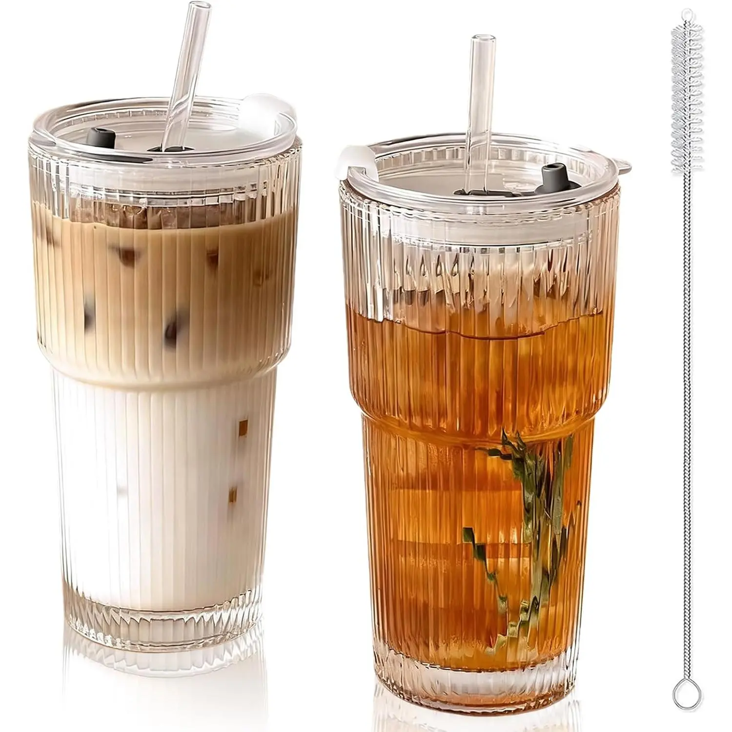 2 Pack Iced Coffee Cup with , 20oz Clear Glass Tumbler with Straw & Lid ...