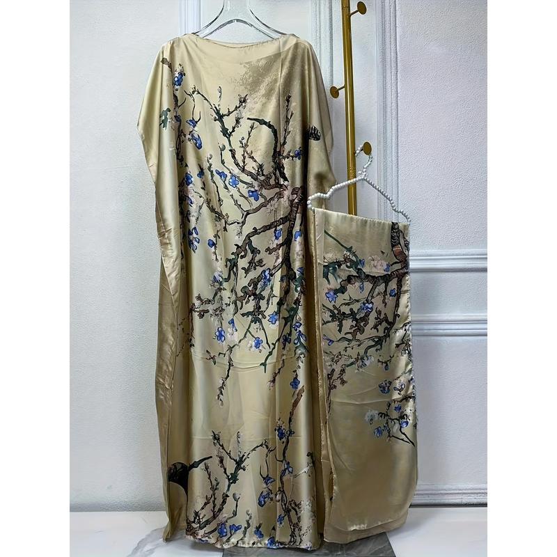 Tree Print Crew Neck Kaftan Dress, Elegant Batwing Sleeve Loose Fit ...