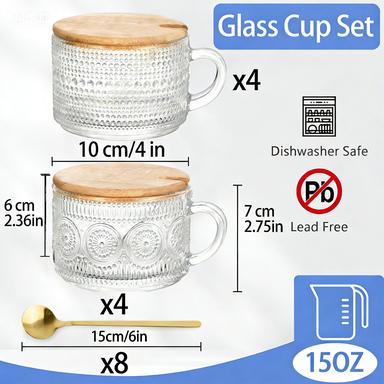 Vintage 8 Pcs 14oz Clear Glass Tea Mugs, Equipped with Lids and Spoons ...