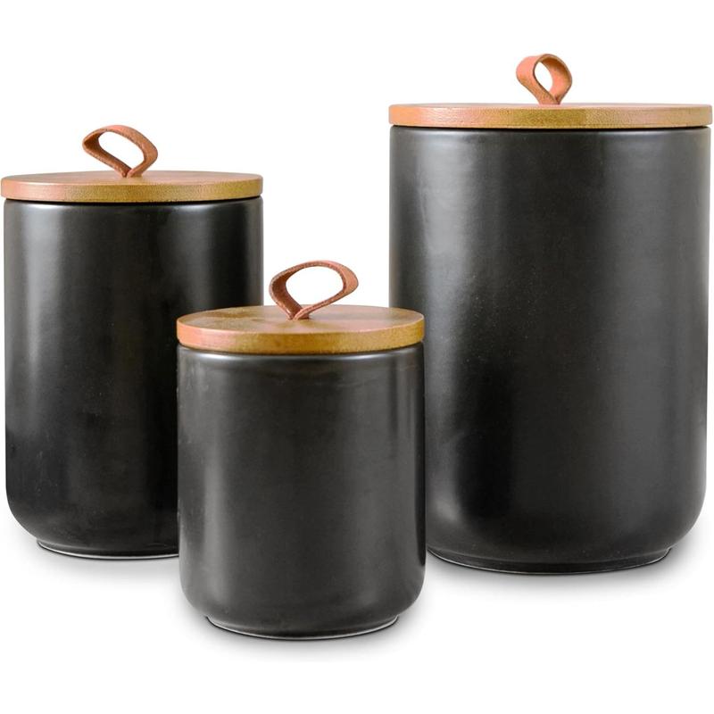 Black Canister Sets for Kitchen, 3 count Ceramic Canisters with ...