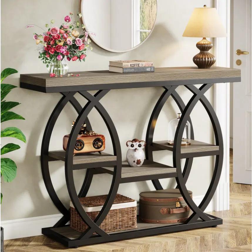 39.4" Console Table, Industrial 4-Tier Sofa Table Entryway Table, Wood ...