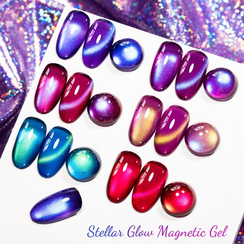 MEET ACROSS 7pcs Stellar Glow Magnetic Gel Nail Polish Set, Red Purple ...