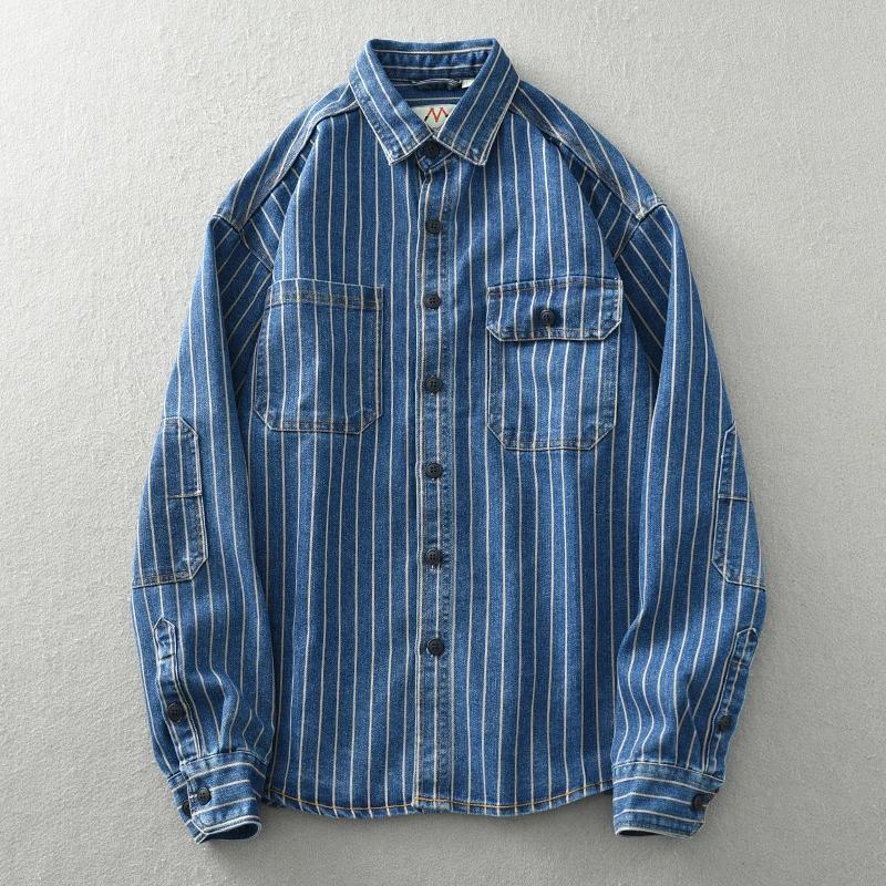 Heavy vintage washed vertical stripe denim shirt men's loose size ...