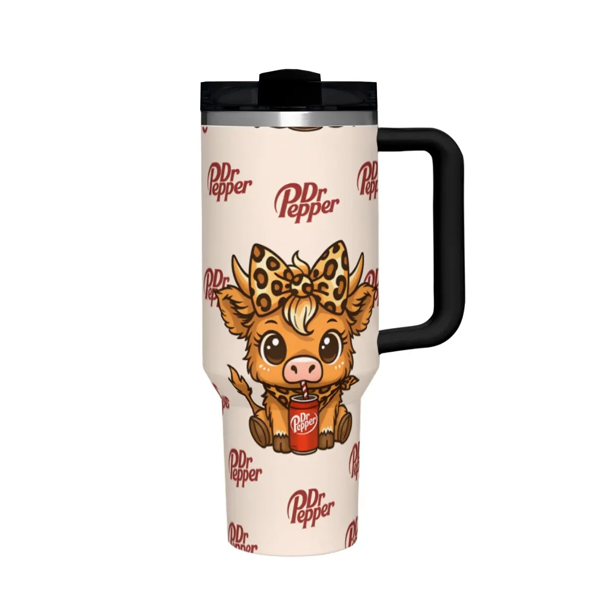 1 travel mug with 2D cartoon design, cream background, brown and black ...