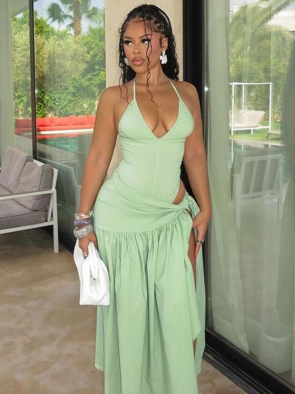 Women's Solid Backless Cami Bodysuit & Split Thigh Skirt Two-piece Set ...