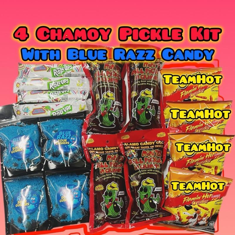 4 Chamoy Pickle Snack Kits with Fruity Rolls, Crunchy Chips & Blue Razz ...