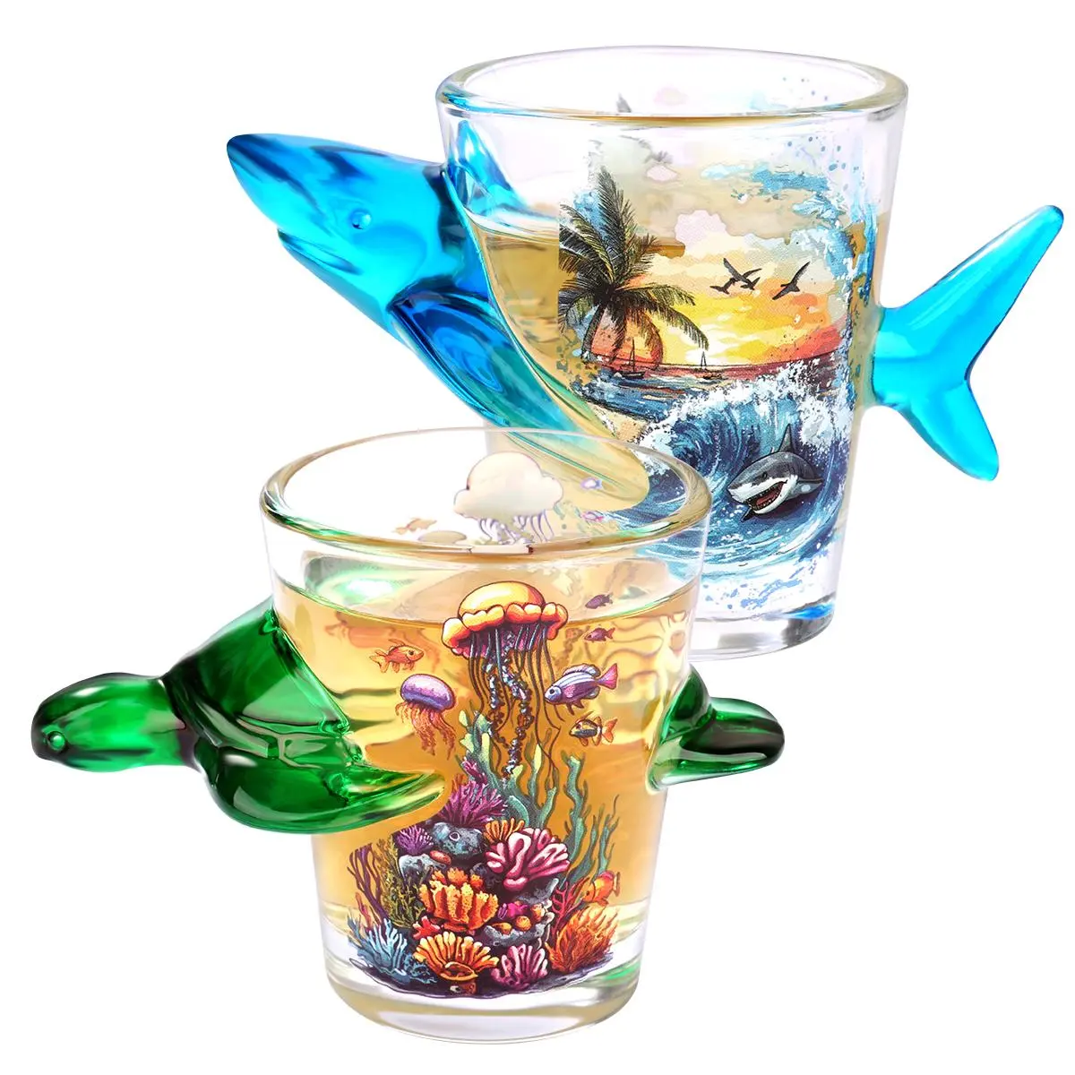 Turtle and Shark Glass Cups Set, Unique Ocean Series 50ML Glasses 2 ...