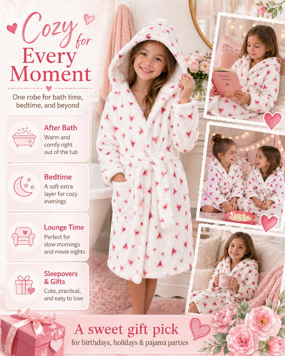 Girls' White Red Heart Print Long Sleeve Soft Flannel Hooded Bathrobe ...