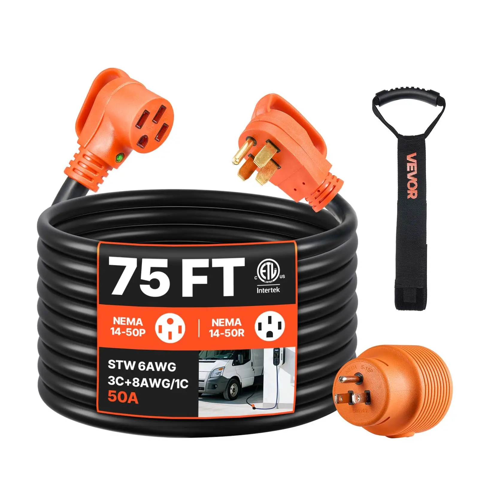 VEVOR 75 FT RV Extension Cord, 50 Amp, 125V/250V 7500W Heavy Duty STW 6 ...