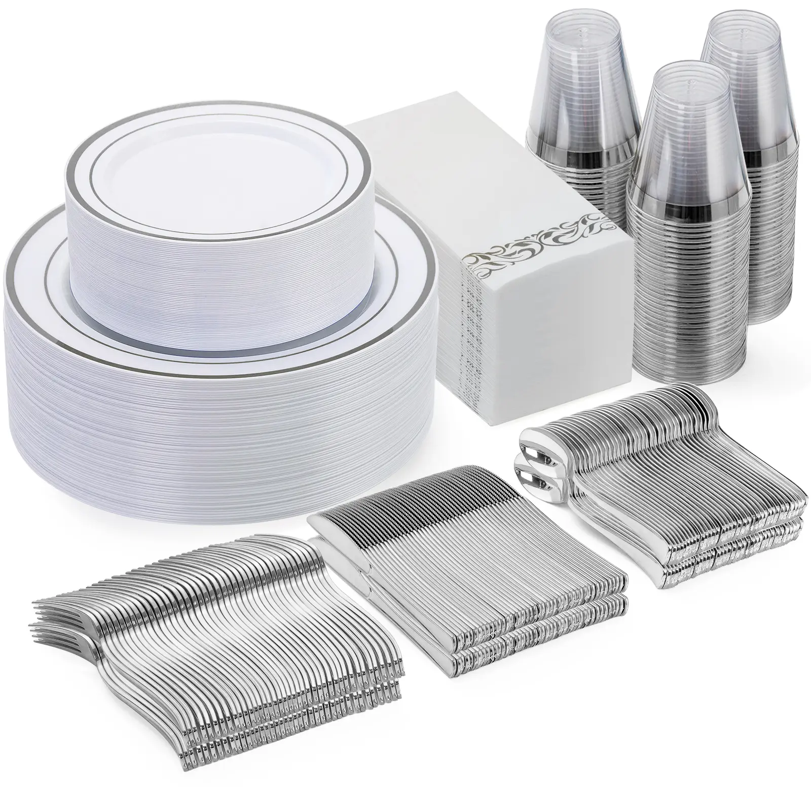 Goodluck 350PCS Silver Plastic Dinnerware Set for 50 Guests Includes 50 ...