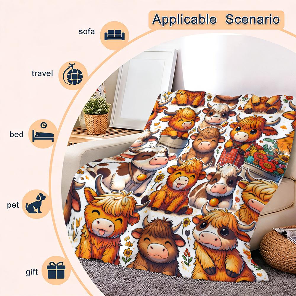 Highland Cow Flannel Blanket Cute Cartoon Cattle Print Soft Warm Cozy ...