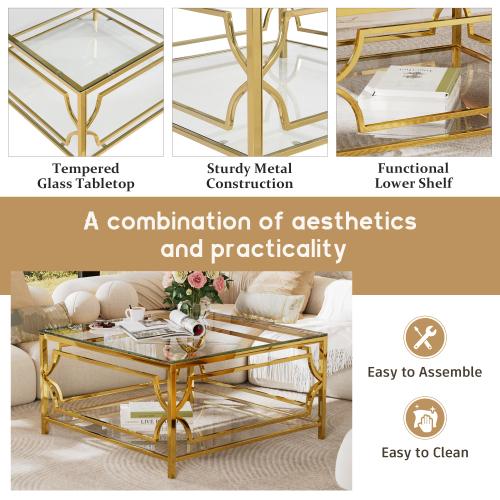 Minimalist Square Glass Coffee Table with Luxurious Geometric Metal ...